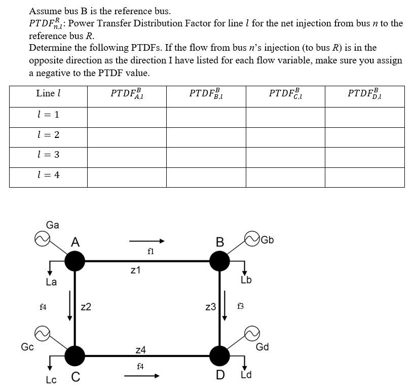 Assume bus B is the reference bus. PTDF.: Power | Chegg.com