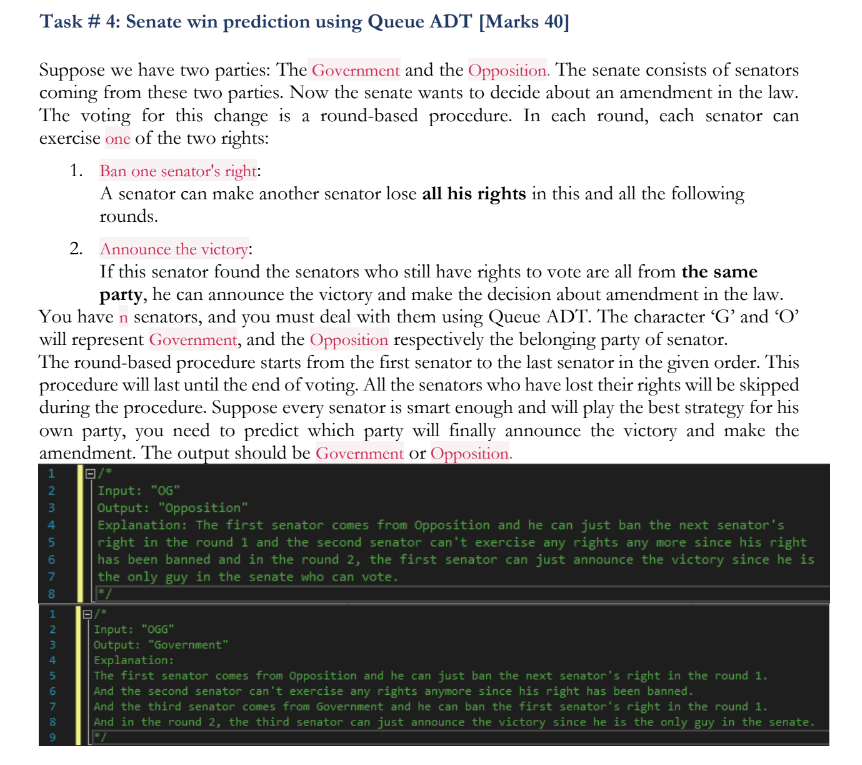 Solved Task # 4: Senate win prediction using Queue ADT | Chegg.com