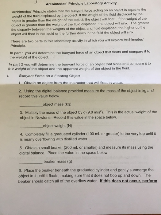 Solved Archimedes' Principle Laboratory Activity Archimedes' | Chegg.com