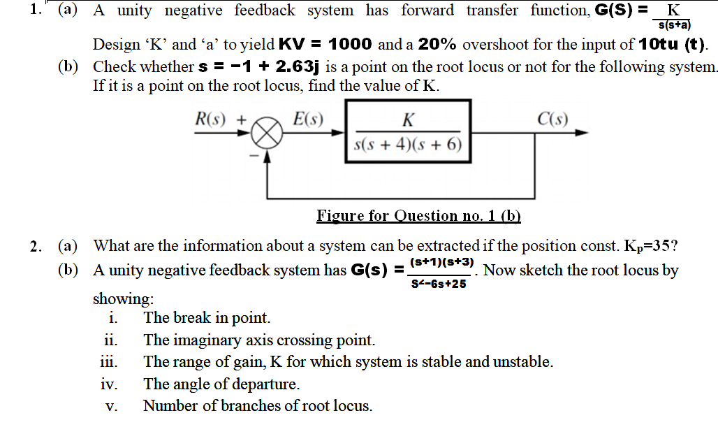 Solved 1. K (a) A unity negative feedback system has forward | Chegg.com