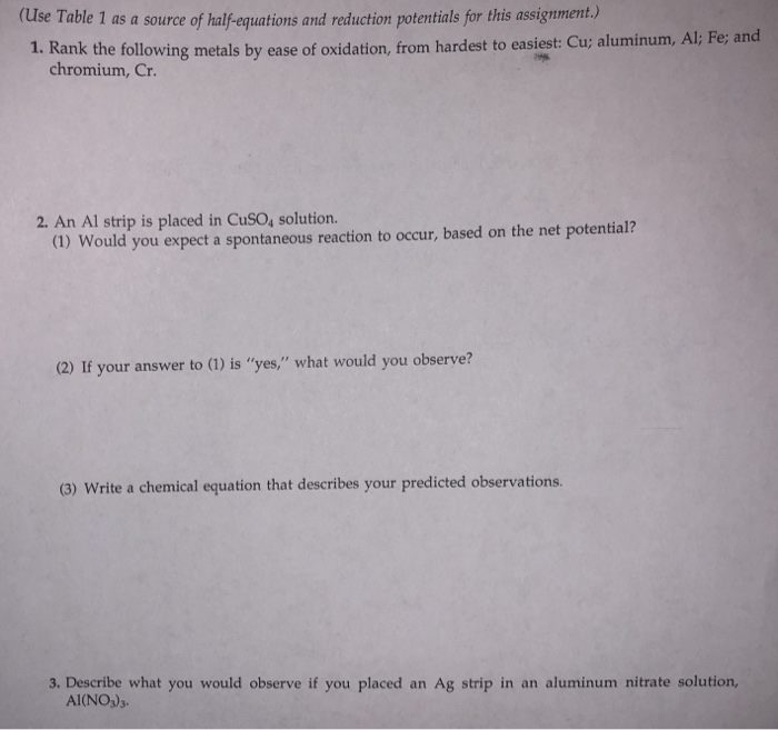 Solved Table 1 Selected standard reduction potentials for | Chegg.com
