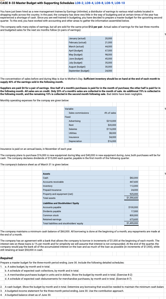 Solved CASE 8-33 Master Budget with Supporting Schedules | Chegg.com