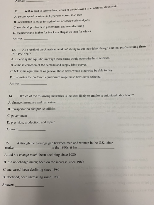 Solved: Answer: 12. With Regard To Labor Unions, Which Of ... | Chegg.com
