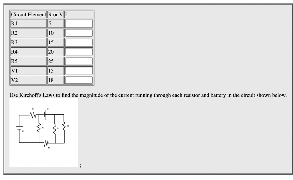 Solved Circuit Element R or VI R1 5 R2 10 R3 15 R4 20 R5 25 | Chegg.com