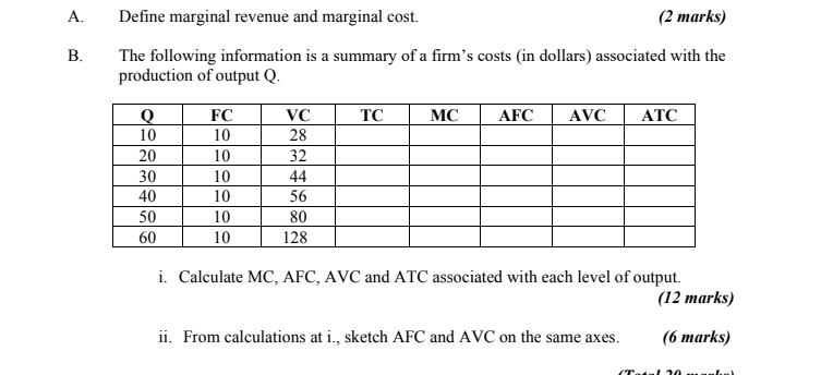 Solved A. Define marginal revenue and marginal cost. (2 | Chegg.com