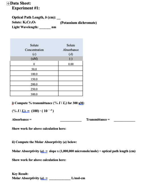 Data Sheet: Experiment #1: Optical Path Length, b | Chegg.com