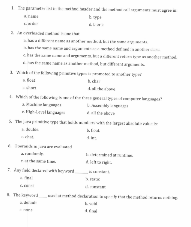 Solved 1. The parameter list in the method header and the | Chegg.com