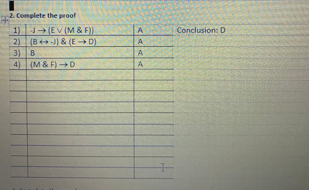 Solved 2. Complete the proof Conclusion:D >>(Ev (M & F)) | Chegg.com