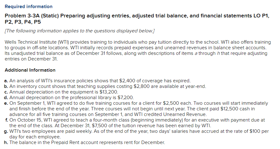 [Solved]: Required information Problem 3-3A (Static) Prepa