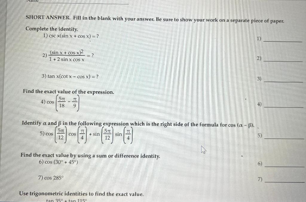 Solved SHORT ANSWER. Fill in the blank with your answer. Be | Chegg.com