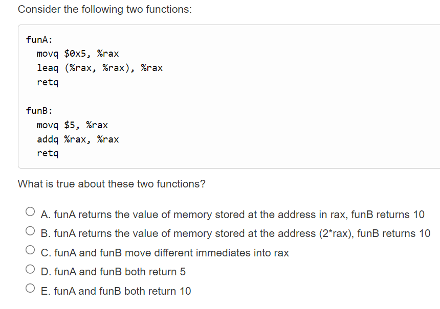Solved Consider the following two functions: funA: movq | Chegg.com