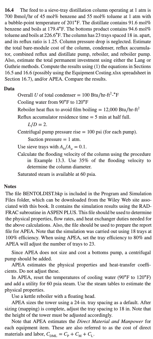 16.4 The feed to a sieve-tray distillation column | Chegg.com