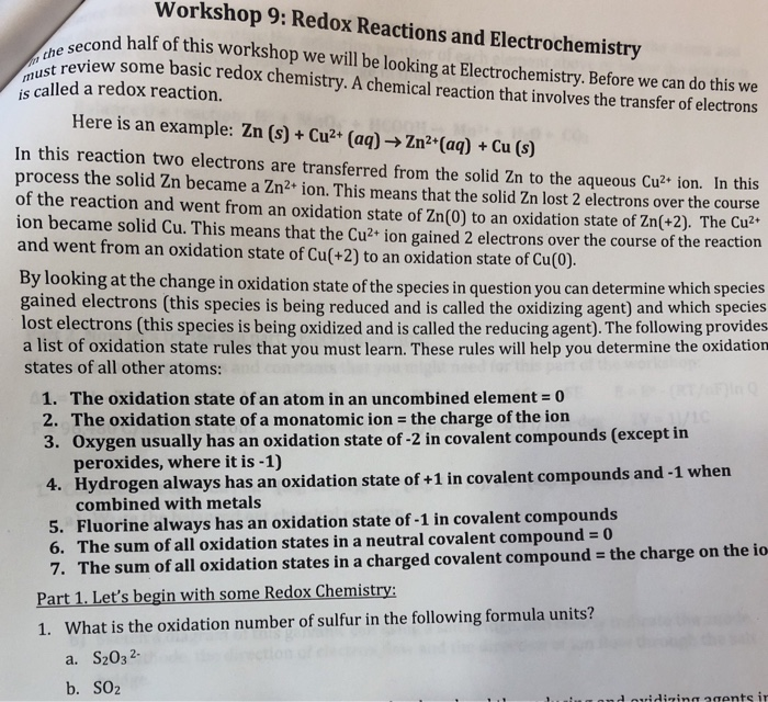 Solved Workshop 9: Redox Reactions and Electrochemistry | Chegg.com