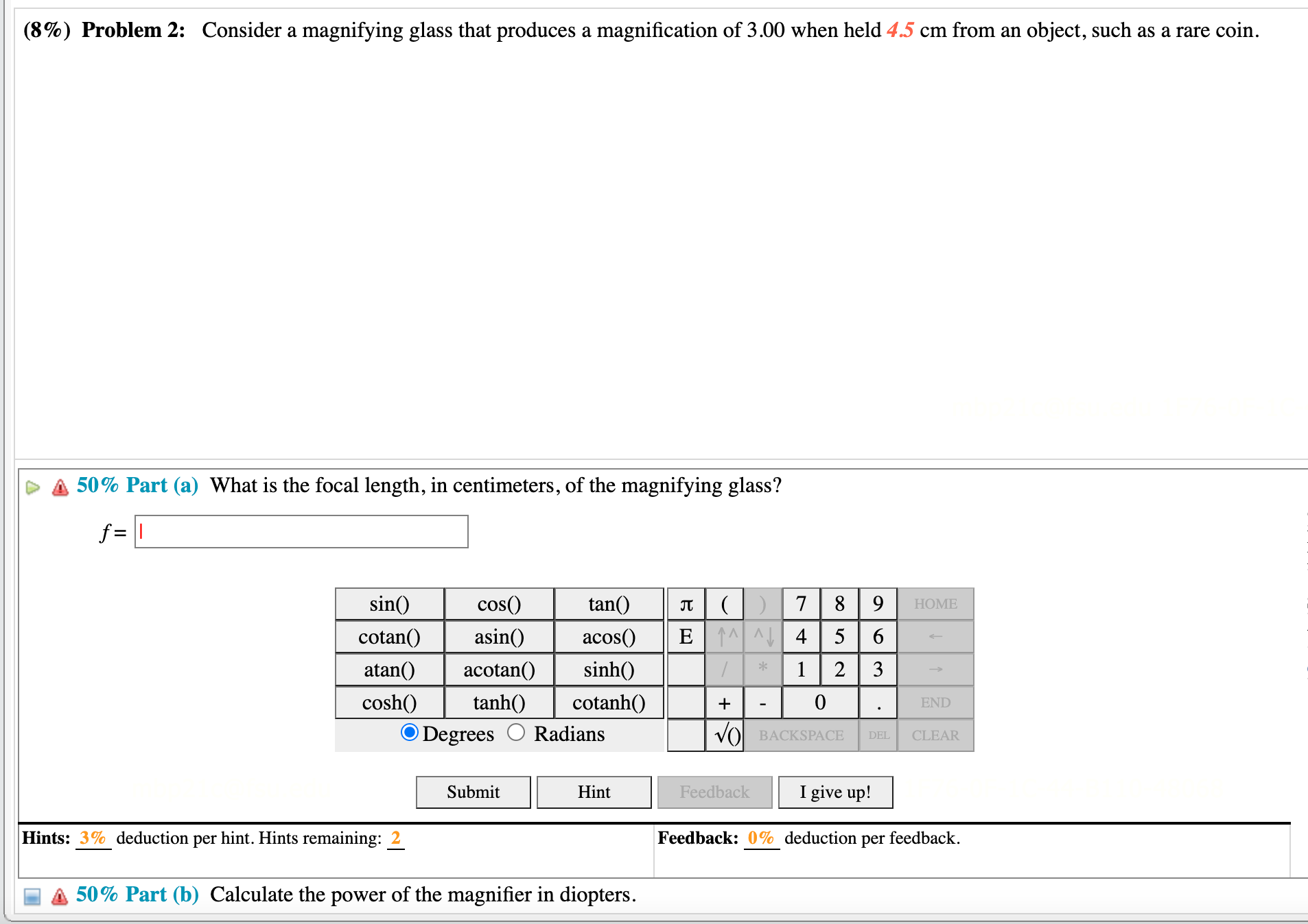 Solved 50\% Part (a) What is the focal length, in | Chegg.com