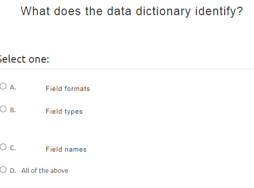 Solved What does the data dictionary identify?jelect | Chegg.com