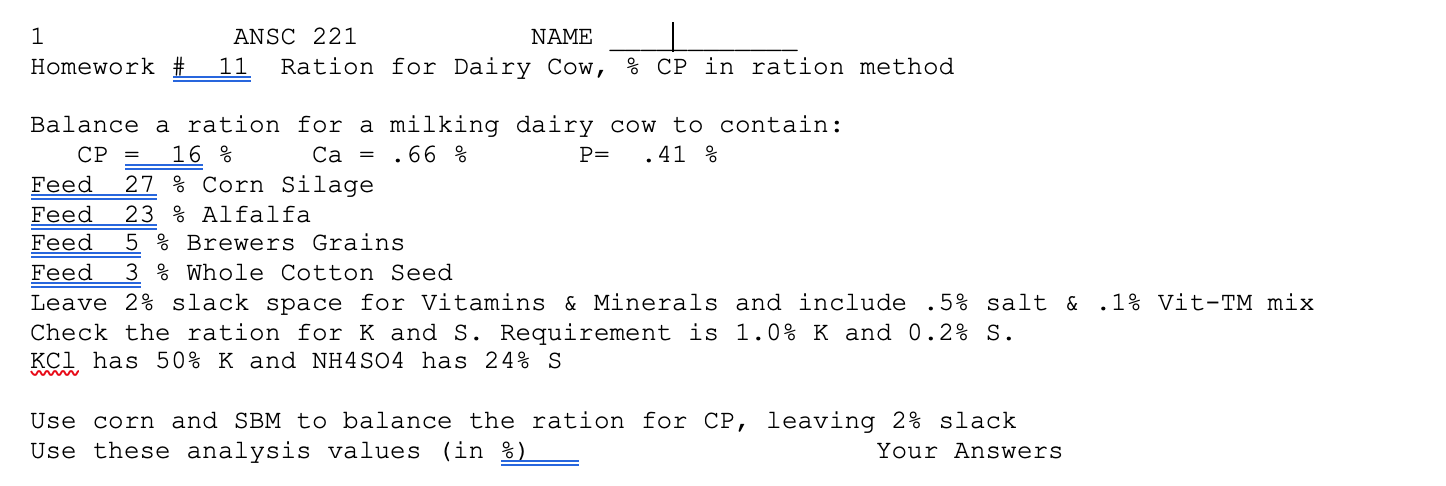 1 Homework # ANSC 221 NAME 11 Ration for Dairy Cow, % | Chegg.com