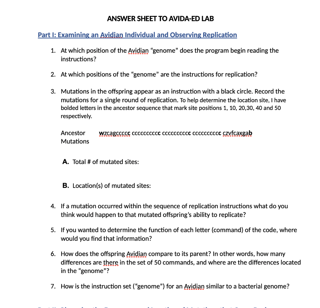ANSWER SHEET TO AVIDA-ED LAB Part I: Examining an | Chegg.com