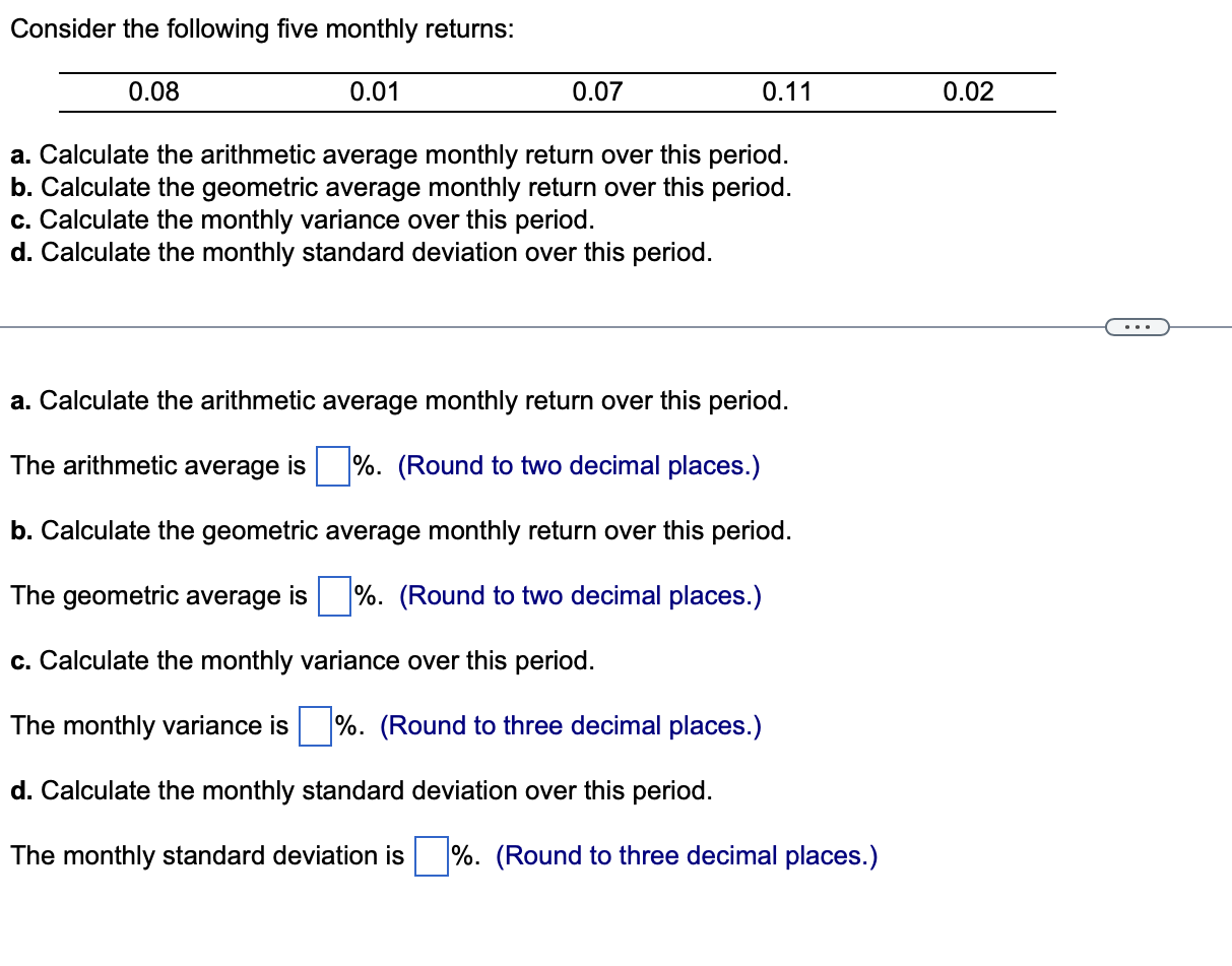 Solved Consider the following five monthly returns: a. | Chegg.com