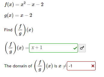 Solved (fg)(x)= ﻿x+1, ﻿find the domaf(x)=x2-x-2g(x)=x-2Find | Chegg.com