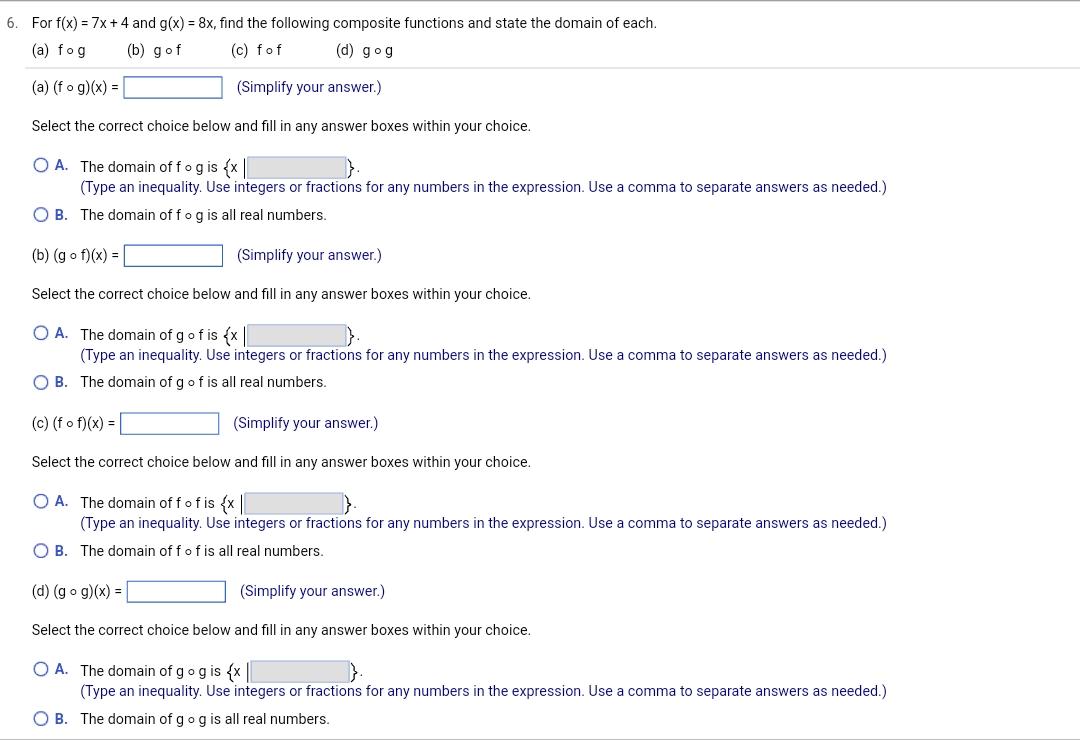 Solved 6. For f(x)=7x+4 and g(x)=8x, find the following | Chegg.com