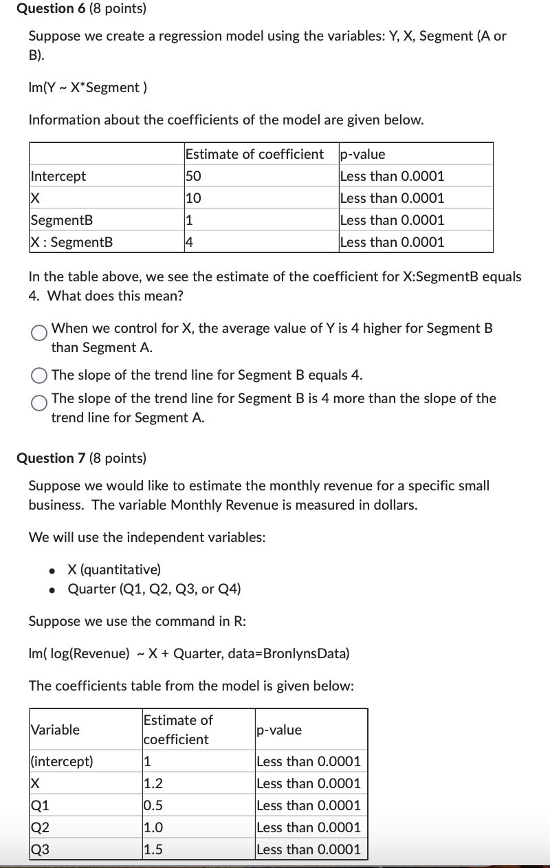 Question 6 (8 points) Suppose we create a regression | Chegg.com
