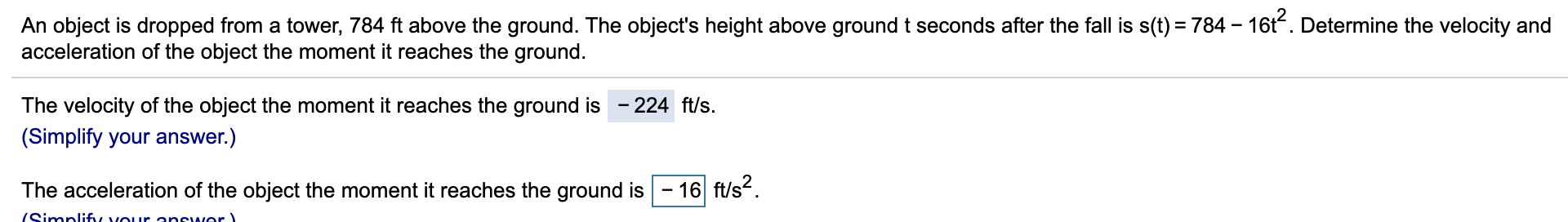 Solved An Object Is Dropped From A Tower 784 Ft Above The