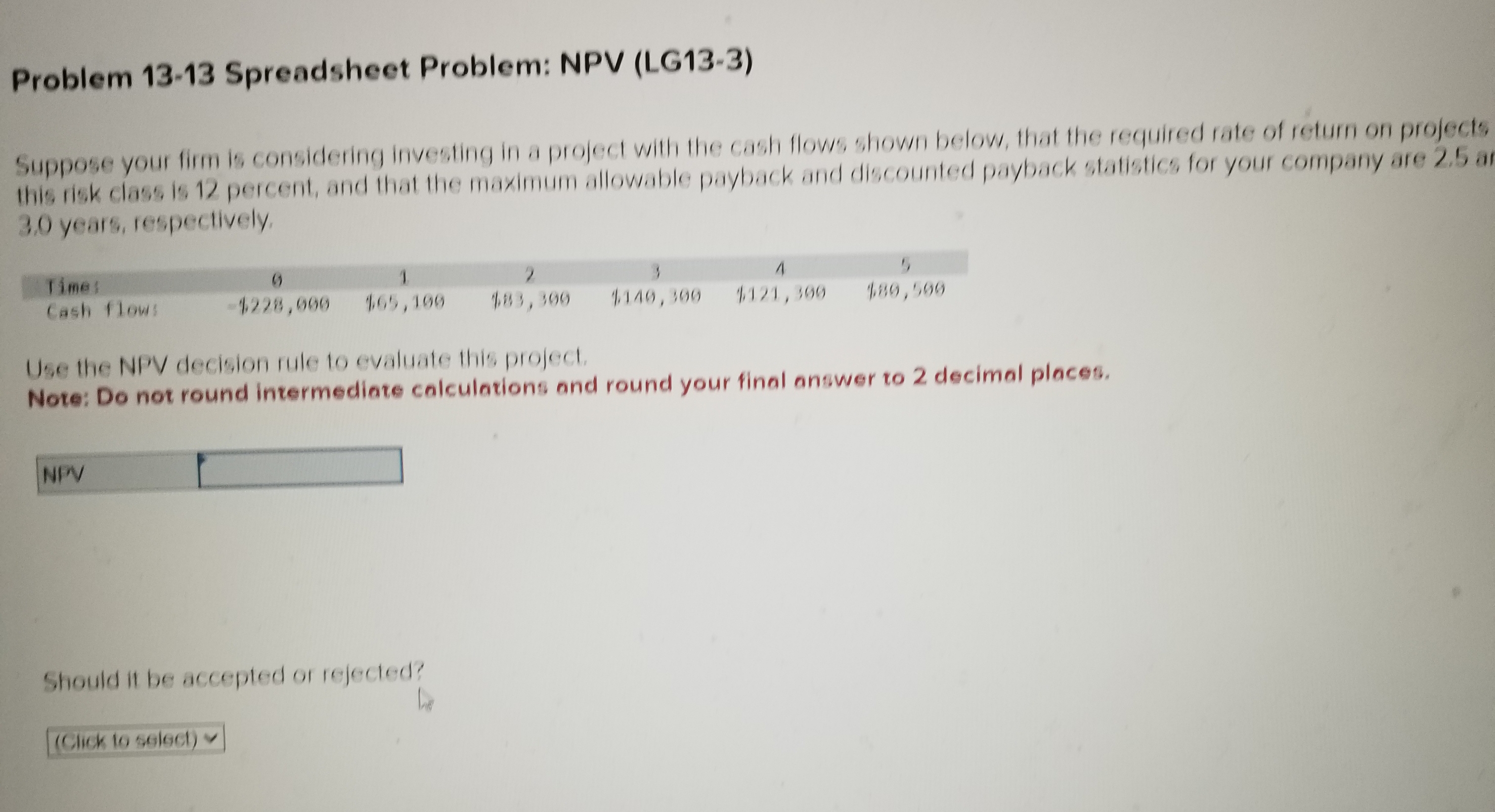 Solved Problem 13-13 ﻿Spreadsheet Problem: NPV | Chegg.com