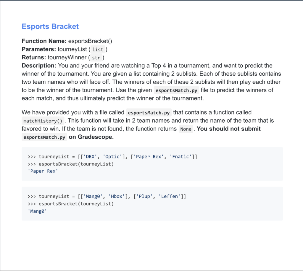 Esports Bracket Function Name: esportsBracket() | Chegg.com