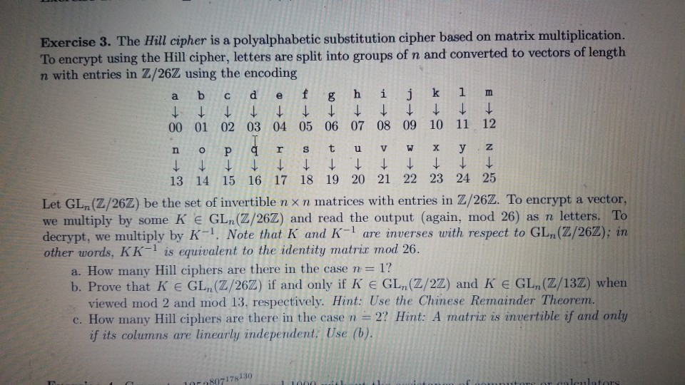 Exercise 3. The Hill cipher is a polyalphabetic | Chegg.com