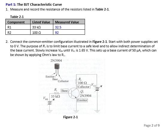 Part 1: The BJT Characteristic Curve 1. Measure and | Chegg.com