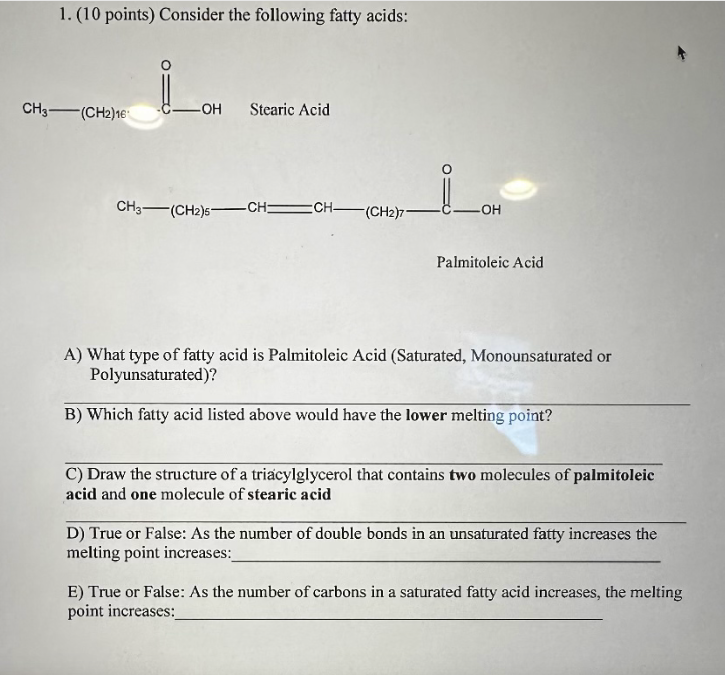 Solved 1. (10 points) Consider the following fatty acids: | Chegg.com