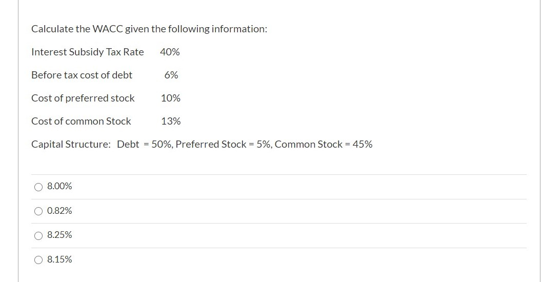 Solved Calculate the WACC given the following information: | Chegg.com