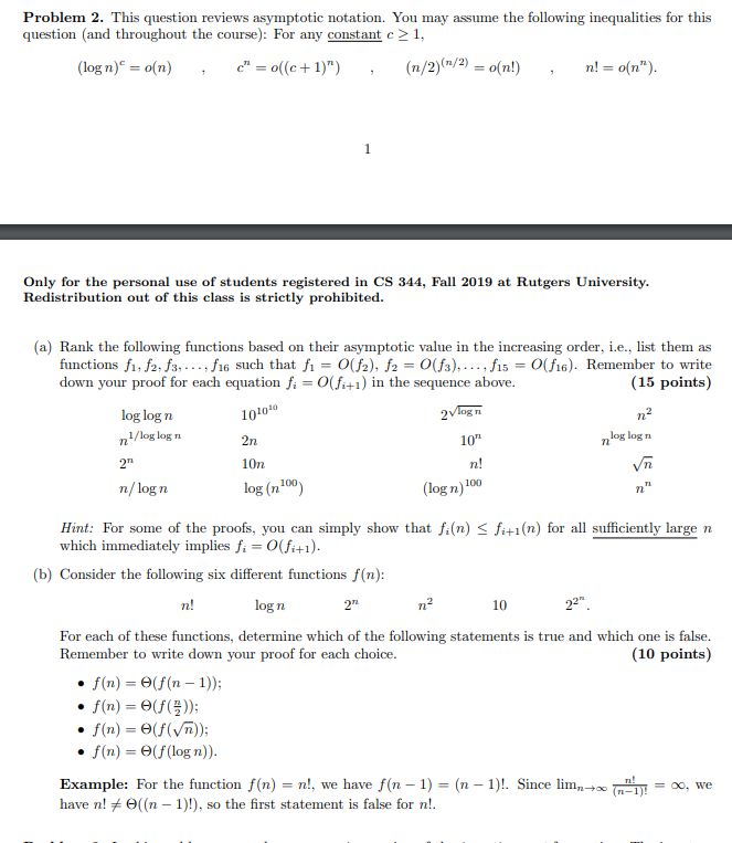Problem 2. This question reviews asymptotic notation. | Chegg.com