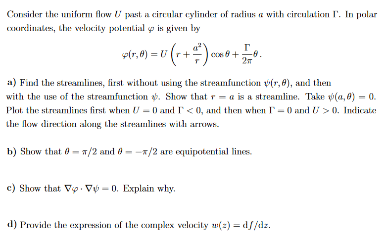 Solved Consider the uniform flow U past a circular cylinder | Chegg.com
