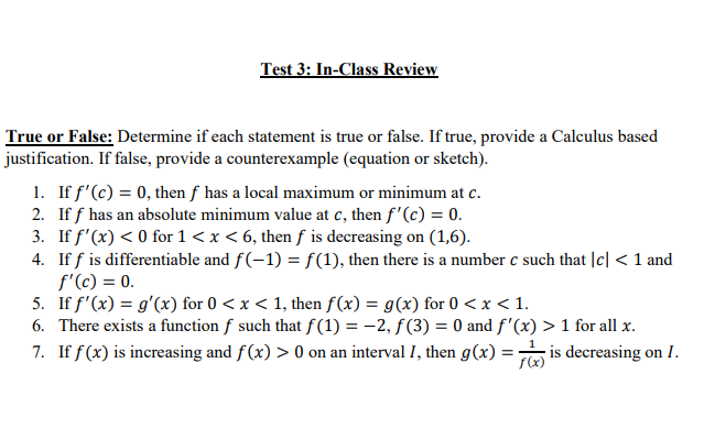Solved Test 3: In-Class Review True or False: Determine if | Chegg.com