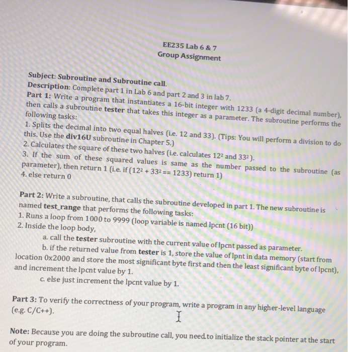 Solved EE235 Lab 6 &7 Group Assignment Subject: Subroutine | Chegg.com