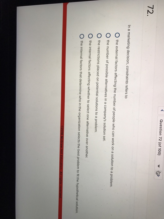 Solved Question 72 (of 100) 72. In a marketing decision, | Chegg.com