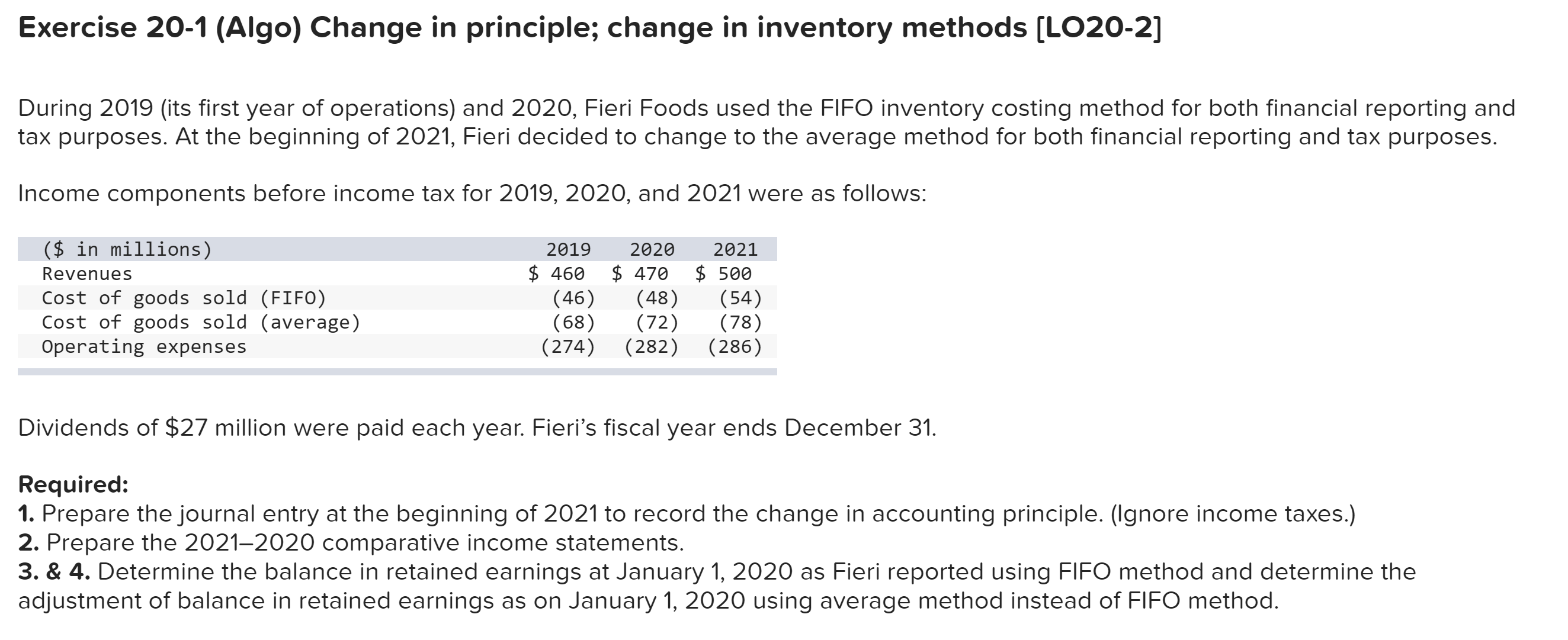 Solved Exercise 20-1 (Algo) Change in principle; change in | Chegg.com