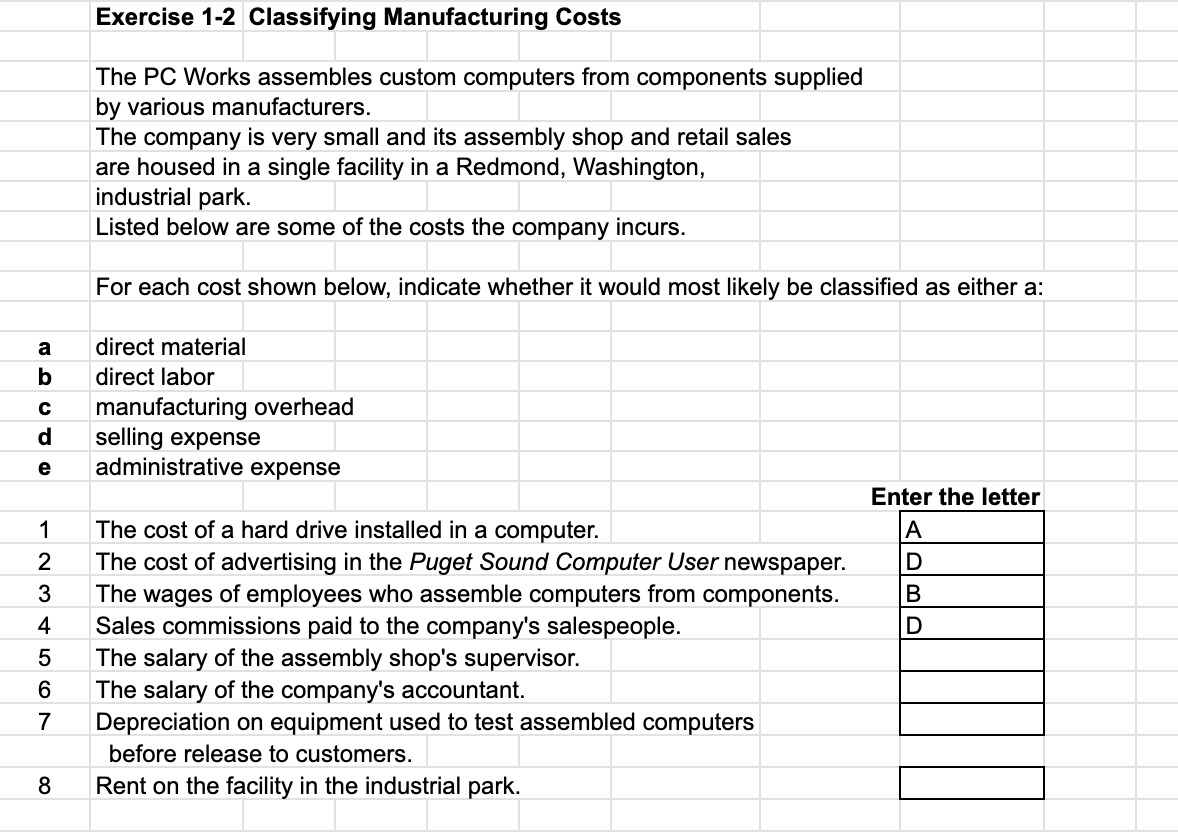 Solved Exercise 1-2 Classifying Manufacturing Costs The PC | Chegg.com