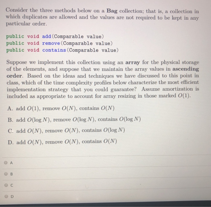 Solved Consider the three methods below on a Bag collection; | Chegg.com