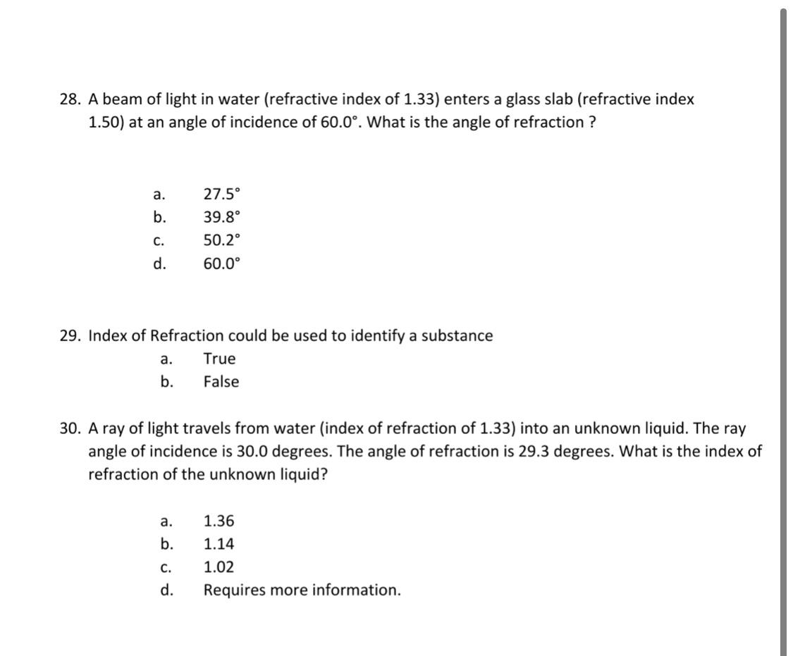 Solved 28. A beam of light in water (refractive index of | Chegg.com