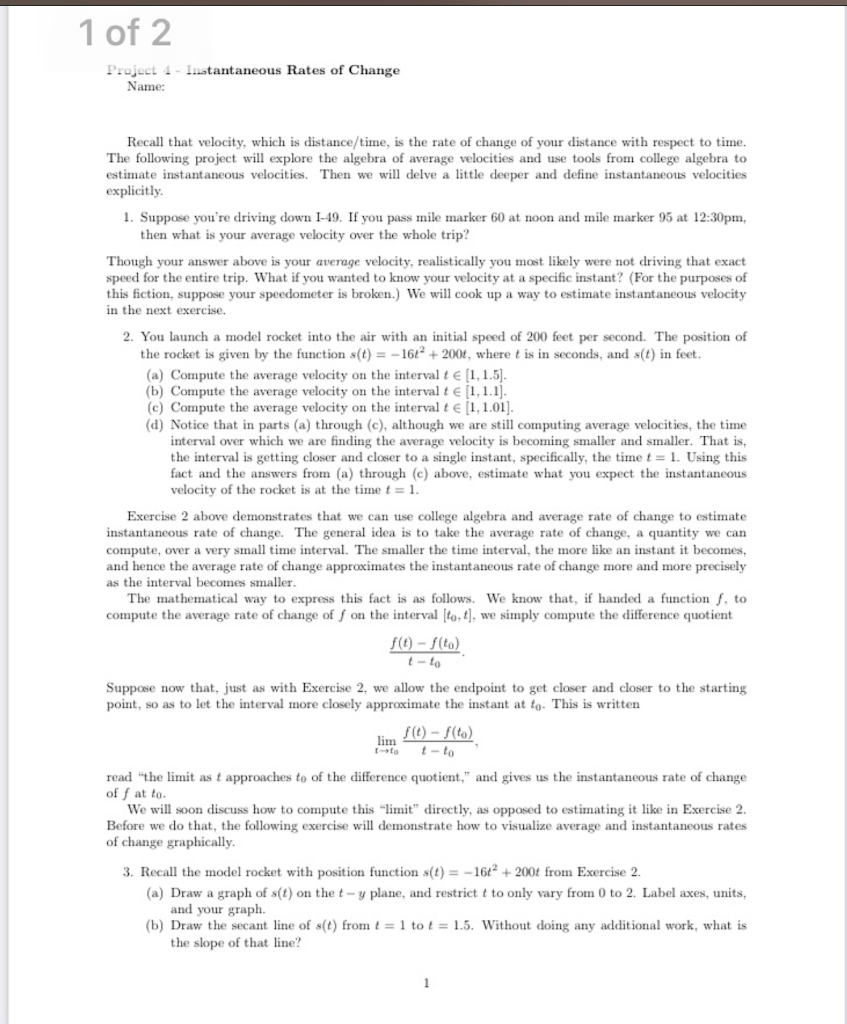Solved 1 of 2 Project 4 - Instantaneous Rates of Change | Chegg.com