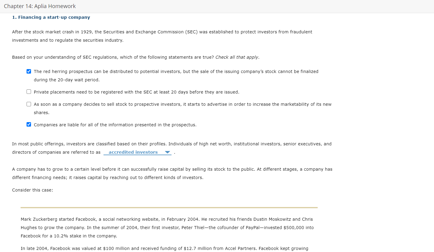 Chapter 14: Aplia Homework 1. Financing a start-up | Chegg.com