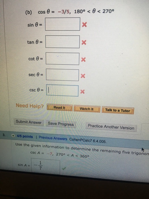 Solved cos theta = -3/5, 180 degree