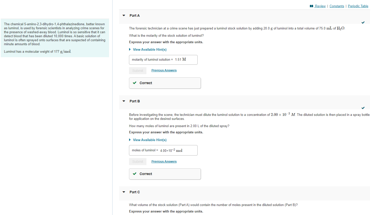 Solved - Part C What volume of the stock solution (Part A ) | Chegg.com