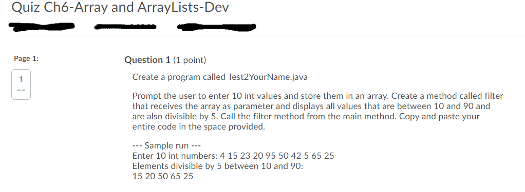 Solved Quiz Chó-Array and ArrayLists-Dev Page 1: Question 1 | Chegg.com