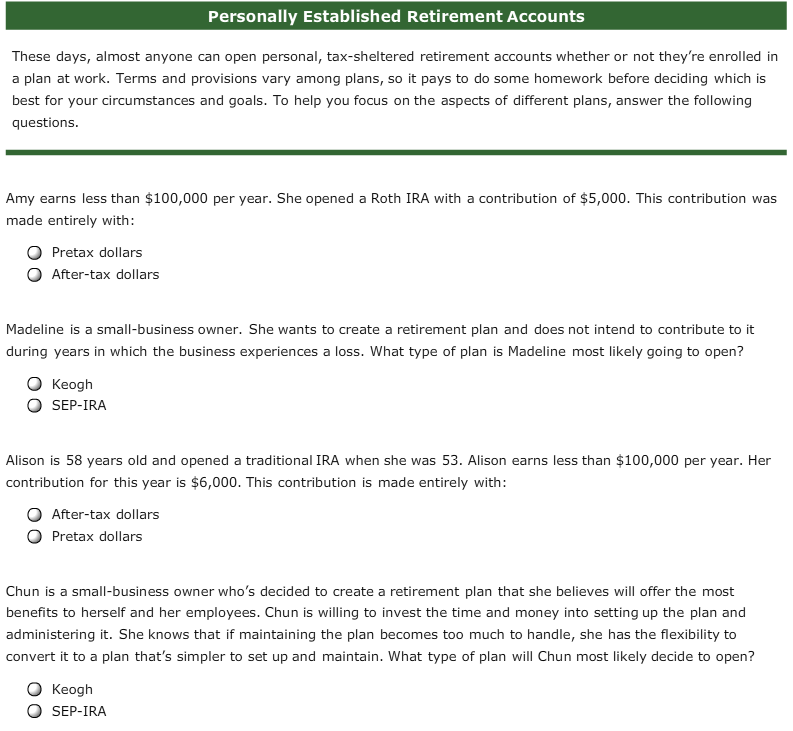 Personally Established Retirement Accounts These | Chegg.com