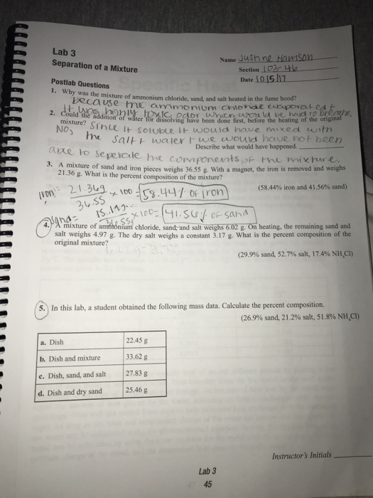 Solved Lab 3 Name JuS Separation of a Mixture Section 102 | Chegg.com