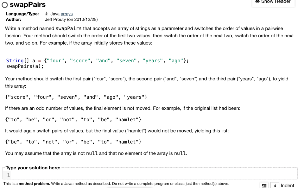 Solved Show Header swapPairs Java arrays Jeff Prouty (on | Chegg.com