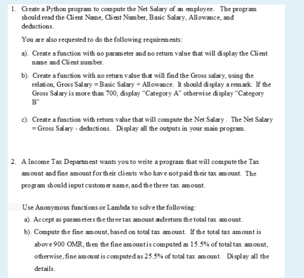 Solved 1. Create a Python program to compute the Net Salary | Chegg.com